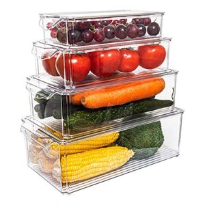 pomeat 4 pcs fridge organizers, stackable refrigerator organizer bins with lids, plastic storage bins, bpa-free fridge organizers and storage clear for food, drinks, fruits, vegetable