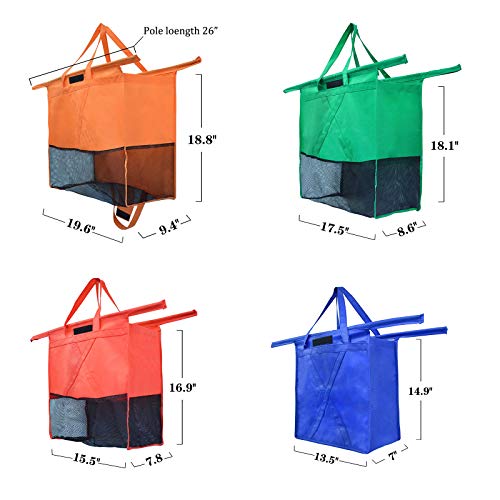 Haiphisi Trolley Bags-4 Pack Reusable Grocery Shopping cart Bags for Groceries with Cooler Bag Egg bags-Easy to Use and Heavy Duty-Cart Daddy(Orange,Green,Red,Blue)