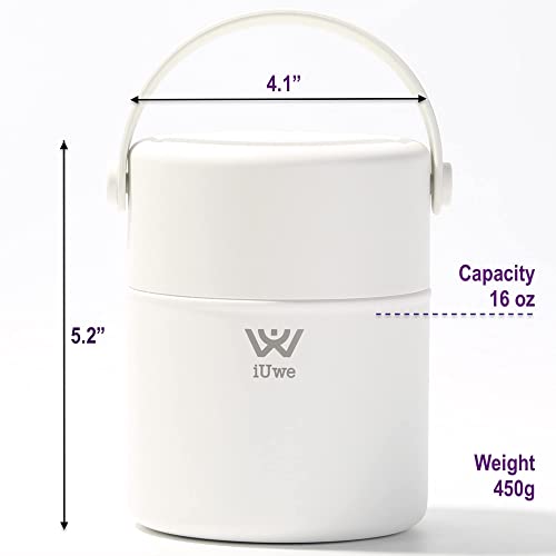 iUwe 16 oz Food Thermos for Hot Food Kids with Spoon. 316L Stainless Steel Small Thermos Insulated Food Container with Handle. Leak Proof Travel Soup Thermos for Adult, Lunch Thermos Food Jar for Hot Food School Work Travel Camp (White)