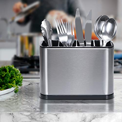 ODesign Utensil Caddy Flatware Organizer Crock Utensil Holder for Countertop Kitchen Rustproof 4 Divider Drip Tray Stainless Steel ABS Anti Slip Scratch - 7.1 x 3.39 x 5.1 inch