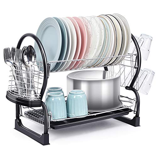 TOOLF 2-Tier Dish Rack,Easy Assemble Large Capacity Dish Drying Rack with Side Mounted Utensil Holder and Cup Holder, Organizing Dishes Kitchen Counter Top or Sink Side