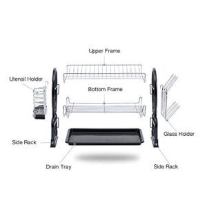 TOOLF 2-Tier Dish Rack,Easy Assemble Large Capacity Dish Drying Rack with Side Mounted Utensil Holder and Cup Holder, Organizing Dishes Kitchen Counter Top or Sink Side