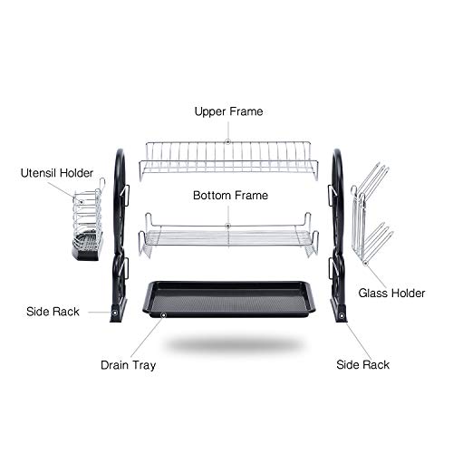 TOOLF 2-Tier Dish Rack,Easy Assemble Large Capacity Dish Drying Rack with Side Mounted Utensil Holder and Cup Holder, Organizing Dishes Kitchen Counter Top or Sink Side