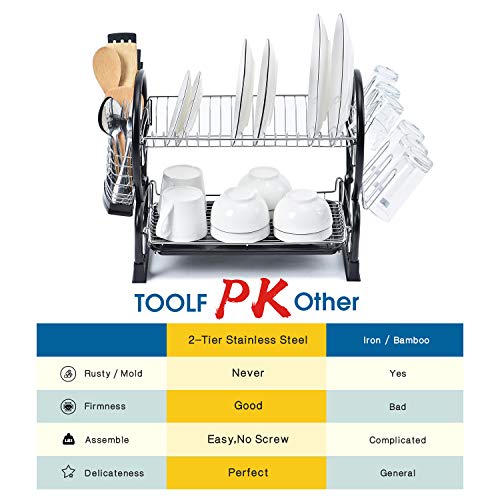 TOOLF 2-Tier Dish Rack,Easy Assemble Large Capacity Dish Drying Rack with Side Mounted Utensil Holder and Cup Holder, Organizing Dishes Kitchen Counter Top or Sink Side