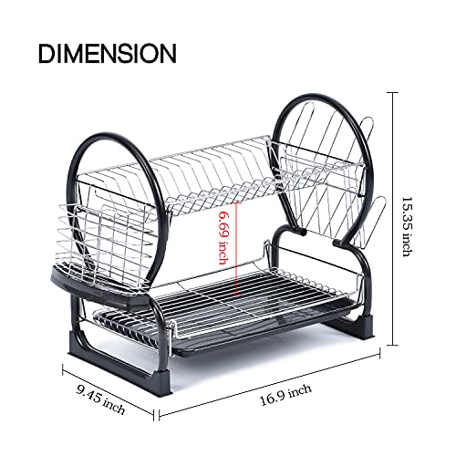 TOOLF 2-Tier Dish Rack,Easy Assemble Large Capacity Dish Drying Rack with Side Mounted Utensil Holder and Cup Holder, Organizing Dishes Kitchen Counter Top or Sink Side