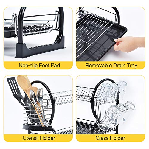 TOOLF 2-Tier Dish Rack,Easy Assemble Large Capacity Dish Drying Rack with Side Mounted Utensil Holder and Cup Holder, Organizing Dishes Kitchen Counter Top or Sink Side