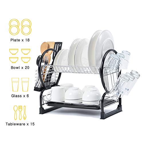 TOOLF 2-Tier Dish Rack,Easy Assemble Large Capacity Dish Drying Rack with Side Mounted Utensil Holder and Cup Holder, Organizing Dishes Kitchen Counter Top or Sink Side