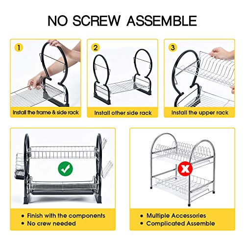 TOOLF 2-Tier Dish Rack,Easy Assemble Large Capacity Dish Drying Rack with Side Mounted Utensil Holder and Cup Holder, Organizing Dishes Kitchen Counter Top or Sink Side