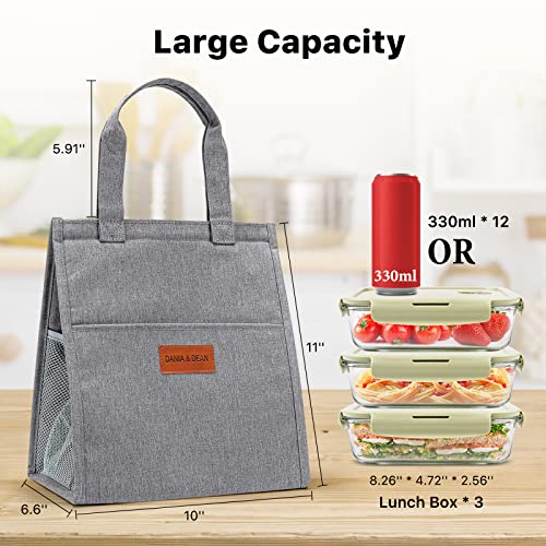 DANIA & DEAN Lunch Bag, Portable large Lunchbox for Women/Men/Adult/Student, Insulated Thermal Tote Bag, Leakproof Cooler Bag with Drinks Holder, Suitable for Work/School/Travel/Picnic（Grey）