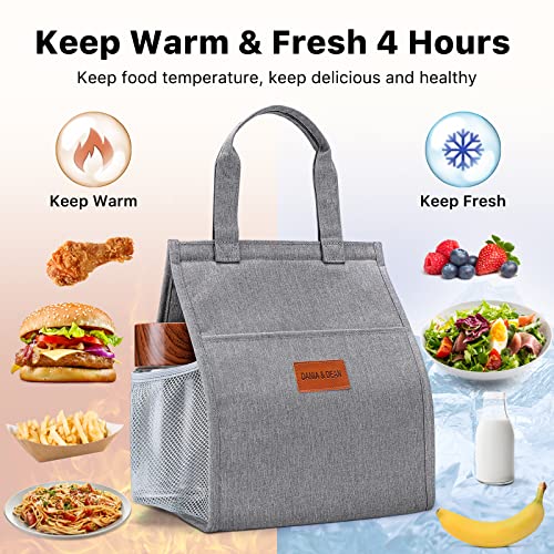 DANIA & DEAN Lunch Bag, Portable large Lunchbox for Women/Men/Adult/Student, Insulated Thermal Tote Bag, Leakproof Cooler Bag with Drinks Holder, Suitable for Work/School/Travel/Picnic（Grey）