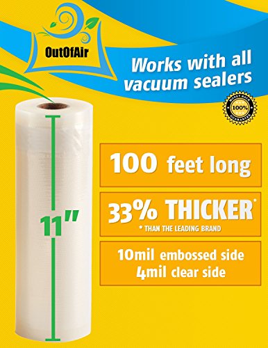 11" x 100' Mega Roll & Cutter Box Vacuum Sealer Bags Roll (No More Scissors) 4 mil 100 Foot OutOfAir, 33% Thicker, BPA Free, Sous Vide, Commercial Grade, Works with FoodSaver Sealers