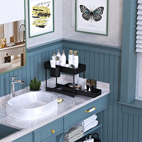 3 Pack Under Sink Organizers and Storage,2-Tier Pull Out Under the Sink Organizer, Muti-purpose Under Sink Storage with 6 Hooks 12 Cups,Drawer Basket Organizer for Kitchen Bathroom