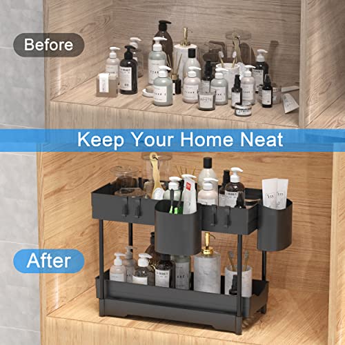 3 Pack Under Sink Organizers and Storage,2-Tier Pull Out Under the Sink Organizer, Muti-purpose Under Sink Storage with 6 Hooks 12 Cups,Drawer Basket Organizer for Kitchen Bathroom