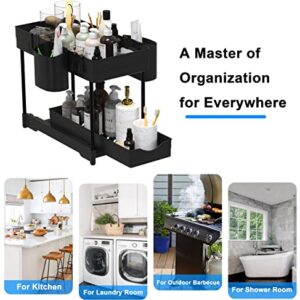 3 Pack Under Sink Organizers and Storage,2-Tier Pull Out Under the Sink Organizer, Muti-purpose Under Sink Storage with 6 Hooks 12 Cups,Drawer Basket Organizer for Kitchen Bathroom