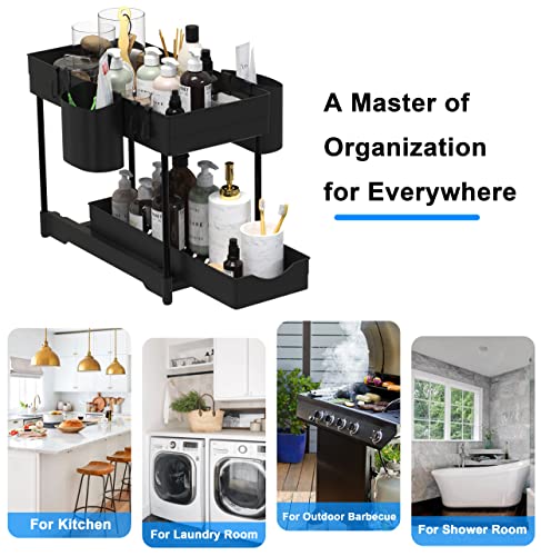 3 Pack Under Sink Organizers and Storage,2-Tier Pull Out Under the Sink Organizer, Muti-purpose Under Sink Storage with 6 Hooks 12 Cups,Drawer Basket Organizer for Kitchen Bathroom