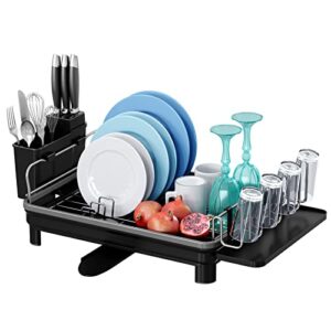 Ewaiira Dish Racks for Kitchen Counter,Large Capacity Dish Drying Rack,Black Dish Drying Rack with drainboard, Cup Holder, Utensil Holder