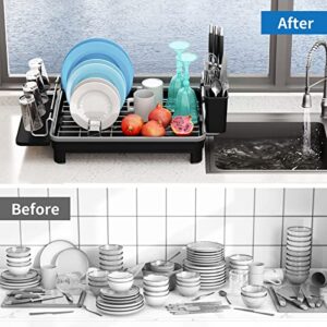 Ewaiira Dish Racks for Kitchen Counter,Large Capacity Dish Drying Rack,Black Dish Drying Rack with drainboard, Cup Holder, Utensil Holder