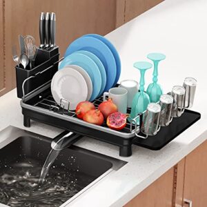 Ewaiira Dish Racks for Kitchen Counter,Large Capacity Dish Drying Rack,Black Dish Drying Rack with drainboard, Cup Holder, Utensil Holder