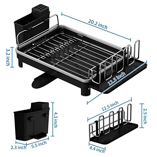 Ewaiira Dish Racks for Kitchen Counter,Large Capacity Dish Drying Rack,Black Dish Drying Rack with drainboard, Cup Holder, Utensil Holder