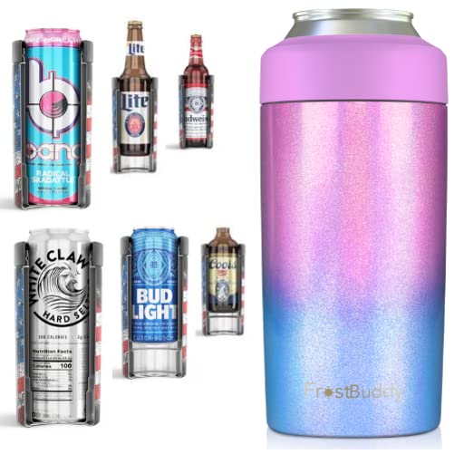 Frost Buddy Universal 2.0 5 Sizes in 1 Insulated Can Cooler - Stainless Steel Can Cooler for 12 oz & 16 oz Regular or Slim Cans & Bottles - Stainless Steel (Cotton Candy)