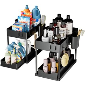 2pcs under sink organizers and storage, pull out cabinet organizer 2-tier under sliding cabinet basket organizer drawer with hooks, hanging cup, multi-purpose storage shelf for bathroom kitchen, black