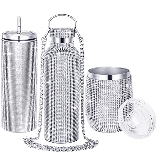 Youyole 3 Pcs Diamond Water Bottle Rhinestone Water Bottle Glitter Tumbler Thermal with Chain Bling Cups with Lids Rhinestones Stainless Steel Thermal for Women Girl (Classic Style)