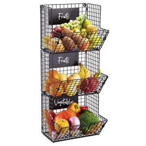 wall mounted wire basket hanging fruit basket, 3 tier kitchen storage bins fruit vegetable and pantry organizier stand, produce rack, black,