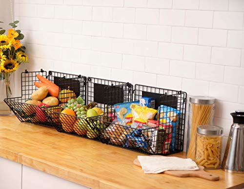 Wall Mounted Wire Basket Hanging Fruit Basket, 3 Tier Kitchen Storage Bins Fruit Vegetable and Pantry Organizier Stand, Produce Rack, Black,