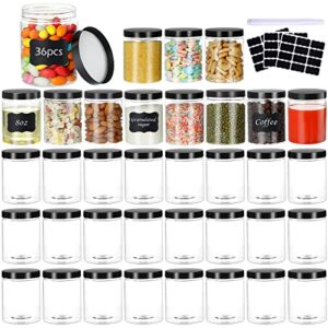 36pcs 8oz empty plastic jars with screw on lids, pen and labels refillable empty round slime cosmetics containers, wide-mouth jar for kitchen and household food storage of dry goods, makeup, butter, creams