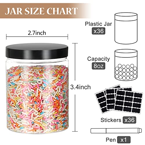 36Pcs 8oz Empty Plastic Jars with Screw On Lids, Pen and Labels Refillable Empty Round Slime Cosmetics Containers, Wide-Mouth Jar for Kitchen and Household Food Storage of Dry Goods, Makeup, Butter, Creams