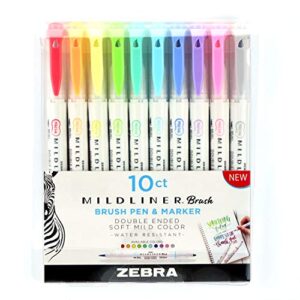 zebra pen mildliner brush marker, double ended brush and fine tip pen, assorted soft colors, 10 pack