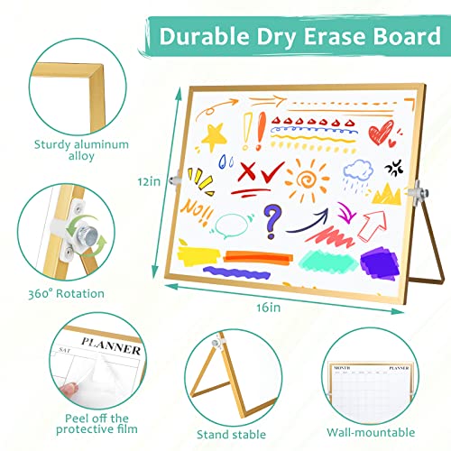 White Board, Jorking Dry Erase Calendar 16’’x12” Magnetic Desktop Whiteboard with Stand, Monthly whiteboard for wall Portable Double-Sided Dry Erase Board for Kitchen, Office, School, Gift idea,Golden