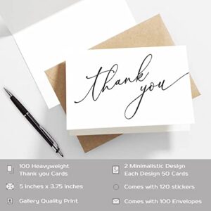 Thank You Cards with Kraft Envelopes & Stickers (Bulk 100-Pack), 5 x 3.75 Inch Minimalist Design Thank You Blank Notes for Engagement, Wedding, Baby Shower, Graduation, Bridal Shower, Business, Funeral (White)