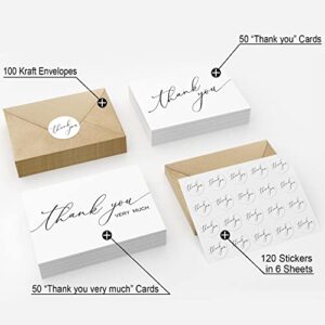 Thank You Cards with Kraft Envelopes & Stickers (Bulk 100-Pack), 5 x 3.75 Inch Minimalist Design Thank You Blank Notes for Engagement, Wedding, Baby Shower, Graduation, Bridal Shower, Business, Funeral (White)