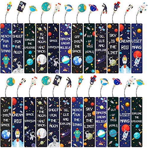 Space Theme Bookmarks with Metal Charms Planet Rocket Space Ship Theme Colorful Bookmarks Inspirational Quotes Bookmarks Cards for Space Party Favors Kids Boys Girls Adults Encouragement(24 Pieces)