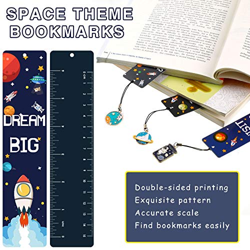 Space Theme Bookmarks with Metal Charms Planet Rocket Space Ship Theme Colorful Bookmarks Inspirational Quotes Bookmarks Cards for Space Party Favors Kids Boys Girls Adults Encouragement(24 Pieces)