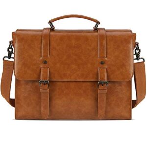 leather mens messenger bag vintage 15.6 inch waterproof leather laptop briefcase large satchel shoulder bag retro office college computer laptop bag, brown