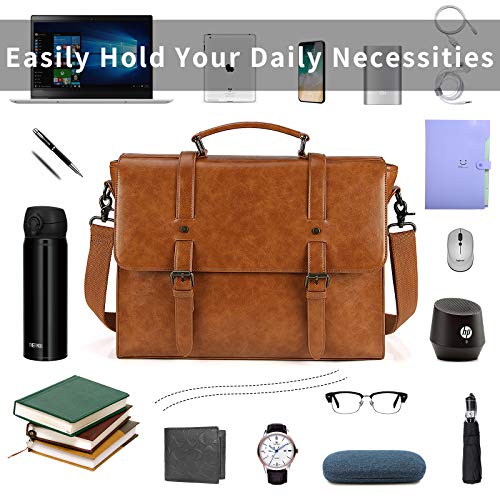 Leather Mens Messenger Bag Vintage 15.6 Inch Waterproof Leather Laptop Briefcase Large Satchel Shoulder Bag Retro Office College Computer Laptop Bag, Brown