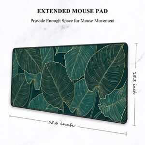 Auhoahsil Extended Mouse Pad, XXL Gaming Mouse Pads, Large Big Mousepad Laptop Computer Keyboard Mat Desk Pad with Non-Slip Base Stitched Edge for Gaming Office, 35.5 x 15.7 inch, Tropical Leaves