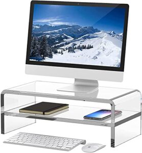 egchi clear acrylic monitor stand riser 2 tier, 5.5 inches high clear monitor stand/computer desk organizer shelf for multi media computer pc storage laptop