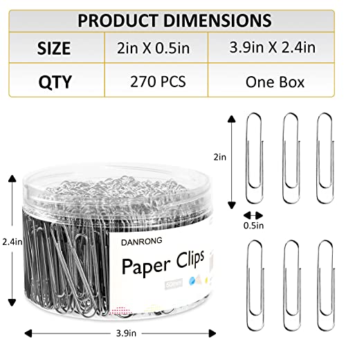 DANRONG Silver Jumbo Paper Clips, 270pcs 2 Inch (50 mm) Paper Clip, Large Paperclips Great for Office School and Personal Use(Jumbo, Sliver)