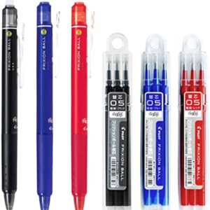 Pilot FriXion Ball Knock Retractable Erasable Gel Ink Pens, Extra Fine Point 0.5mm, Black/Blue/Red Ink, 3 Pens & 9 Refills Value Set