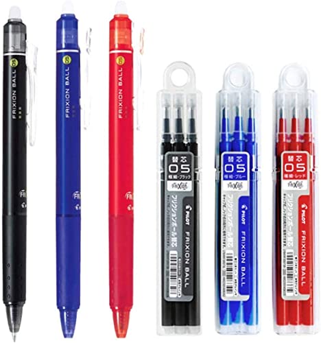 Pilot FriXion Ball Knock Retractable Erasable Gel Ink Pens, Extra Fine Point 0.5mm, Black/Blue/Red Ink, 3 Pens & 9 Refills Value Set