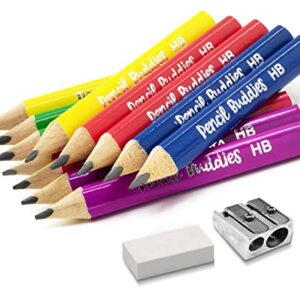 Short Jumbo Kids Pencils for Preschoolers, Kindergarten, Toddlers & Beginners - 12 Fat Pencils and 1 Sharpener & Eraser, 2 Pencils, Triangle Grip, Big Pencils (Multicolor)