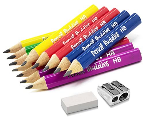 Short Jumbo Kids Pencils for Preschoolers, Kindergarten, Toddlers & Beginners - 12 Fat Pencils and 1 Sharpener & Eraser, 2 Pencils, Triangle Grip, Big Pencils (Multicolor)