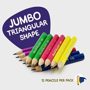 Short Jumbo Kids Pencils for Preschoolers, Kindergarten, Toddlers & Beginners - 12 Fat Pencils and 1 Sharpener & Eraser, 2 Pencils, Triangle Grip, Big Pencils (Multicolor)