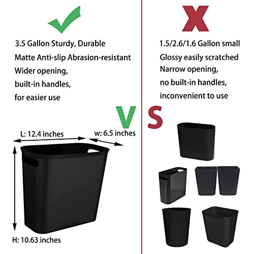 rejomiik Small Trash Can, 3.5 Gallon Garbage Can Slim Waste Basket Plastic Trash Bin Container with Handles for Bathroom, Bedroom, Office, Home, Dorm Room, Kitchen, Rectangular Black