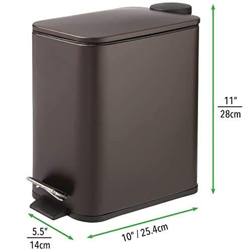 mDesign Slim Metal Rectangle 1.3 Gallon Trash Can with Step Pedal, Easy-Close Lid, Removable Liner - Narrow Wastebasket Garbage Container Bin for Bathroom, Bedroom, Kitchen, Office - Bronze