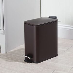 mDesign Slim Metal Rectangle 1.3 Gallon Trash Can with Step Pedal, Easy-Close Lid, Removable Liner - Narrow Wastebasket Garbage Container Bin for Bathroom, Bedroom, Kitchen, Office - Bronze