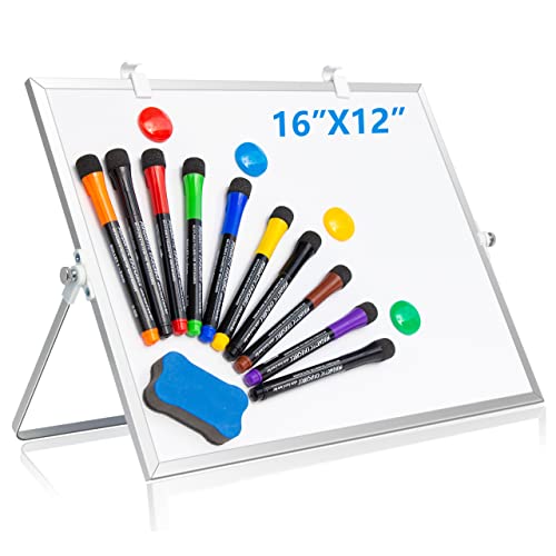 Gomimeor Dry Erase Board, 16" x 12" Magnetic Desktop Whiteboard with Stand,10 Markers, 4 Magnets, 1 Eraser, Portable Double-Sided White Board for Kids Desk, Small White Board, Small Dry Erase Board